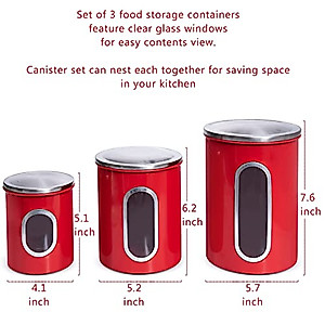Mixpresso 3 Piece Red Canisters Sets For The Kitchen, Kitchen Jars With See Through Window, Airtight Coffee Container Tea Organizer & Sugar Canister, Kitchen Canisters Set of 3 Red Kitchen Decor.