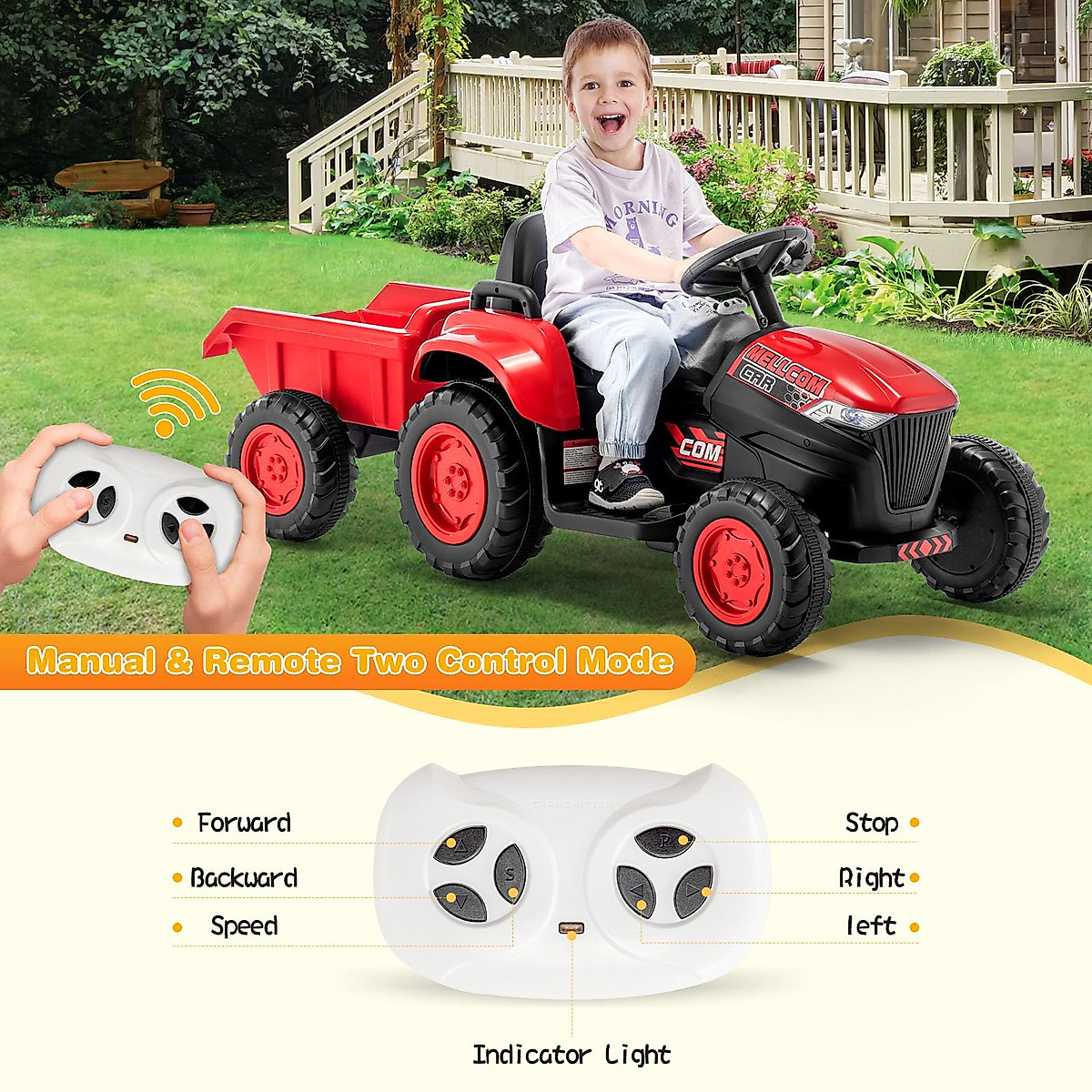MELLCOM Ride on Tractor, 12V Electric Car Kids Electric Vehicles with Remote Control and Trailer, Ride On Car with 30W Dual Motors, Ride on Toys with Cool Lights, Music,USB, Red