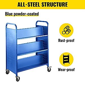 BestEquip Book Cart, 200LBS Library Cart, 49.2''x35.4''x18.9'' Rolling Book Cart, Double Sided W-Shaped Sloped Shelves with Lockable Wheels for Home Shelves Office School Book Truck Blue