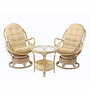 SK New Interiors Lounge Swivel Rocking Java Chair Rattan Wicker Handmade with Cream Cushion, White Wash