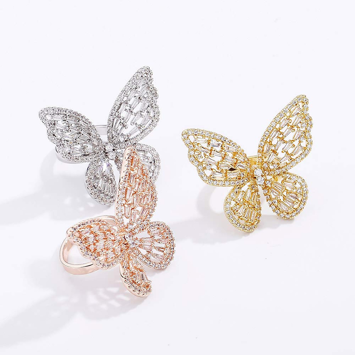 Gold Adjustable Butterfly Rings for Women Cubic Zirconia Ring Jewelry (Gold)