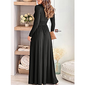 ANRABESS Women Deep V Neck Long Sleeve Slit 2024 Fall Elegant Formal Wedding Guest Cocktail Evening Date Prom Maxi Long Dress Black Large