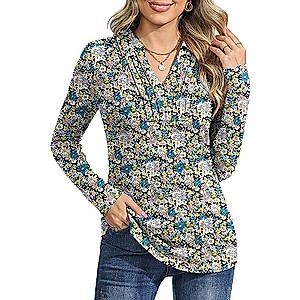 LUYAA Womens Long Sleeve Fall Tops Collared Work Shirts Uniform Polo Shirts for Women Blue Floral M