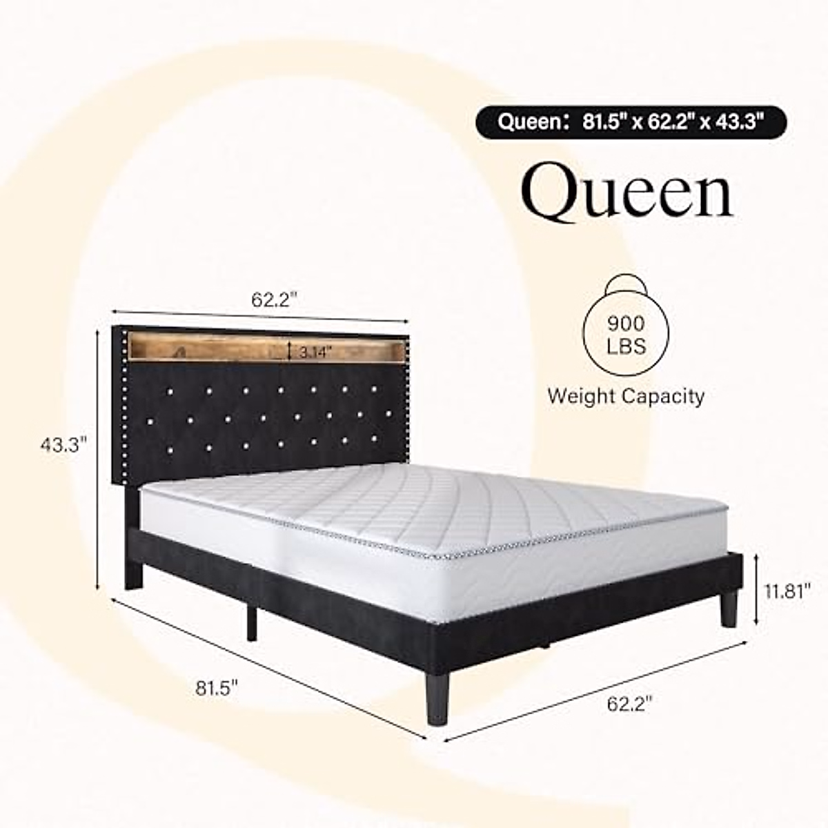 HOMBCK Queen Size Bed Frame with Led Lights, Storage Shelf Headboard, Black Velvet Upholstered, No Box Spring Needed, Noise-Free