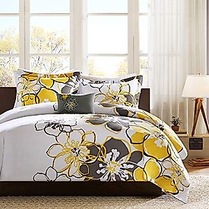 Mi Zone Allison Comforter Set Fun Bedroom Décor - Modern All Season Floral Vibrant Color Cozy Bedding Layer, Matching Sham, Decorative Pillow, Full/Queen, Yellow/Grey 4 Piece