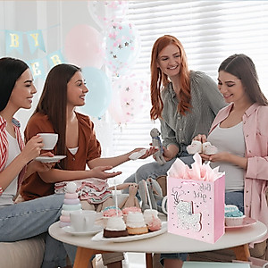 12.6" Large Baby Shower Birthday Gift Bags for Girl with Tissue Papers 2-Pack (Pink)