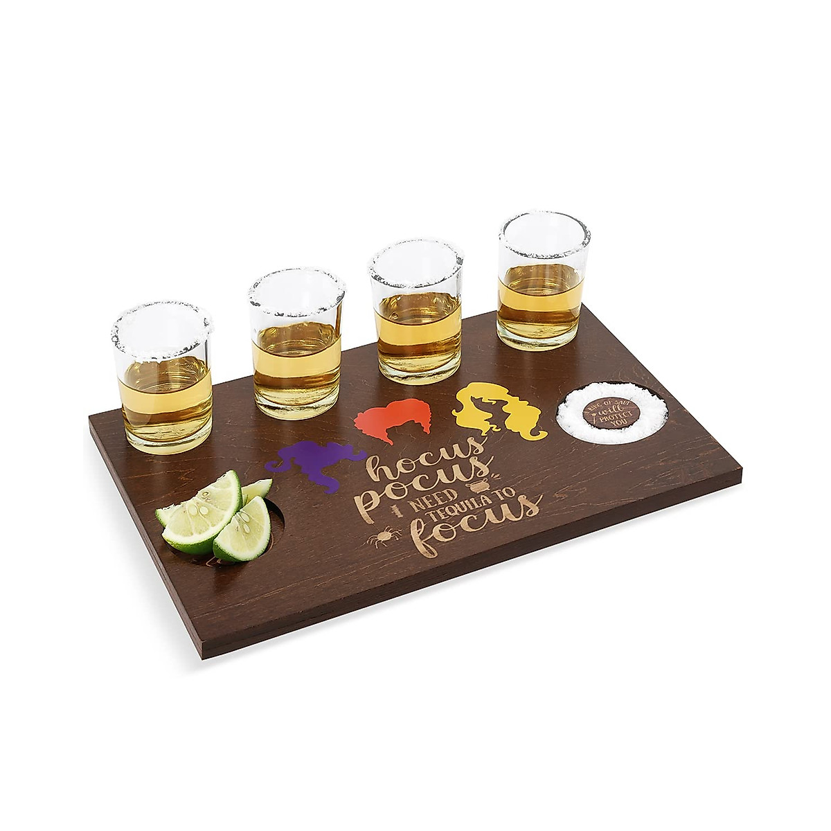 Tequila Shot Board Serving Tray, Zingoetrie Hocus Pocus Shot Glass Holder Display Storage with Salt Rim Bar Wooden Tray for Halloween Witch Liquor Birthday Party Wedding Housewarming Men Women Gifts