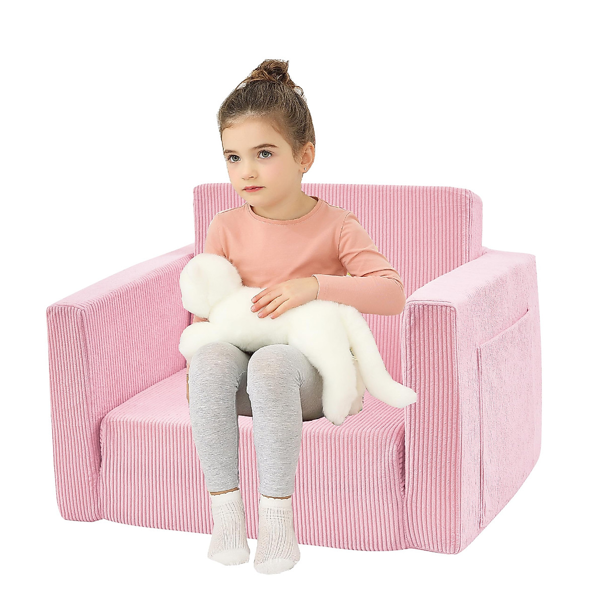Kids Folding Sofa Chair Couch Foam Filled Lounge Toddler Chair Couch Cuddly Corduroy Comfy Bean Bag Chair Couch for Boys and Girls Pink 1-4T