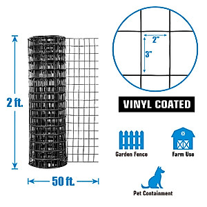 Fencer Wire Vinyl Coated 16 Gauge Welded Fence Wire Roll, Mesh Size 2-Inch x 3-Inch, Black Metal Garden Fencing Wire Grid Hardware Cloth, Multiple Use for Home Improvement