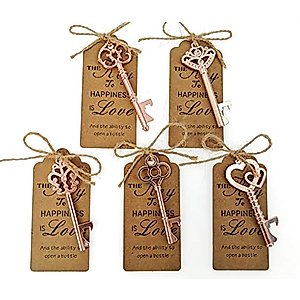 50pcs Skeleton Key Bottle Opener Wedding Party Favor Souvenir Gift with Escort Tag and Jute Rope (Rose Gold Tone,5 styles)