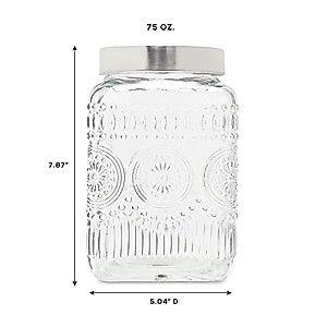 Style Setter Canister Set Decorative Glass Jars Chic Retro Floral Design with Airtight Lids for Cookies, Candy, Coffee, Flour, Sugar, Rice, Pasta, Cereal and More (Medallion Square)