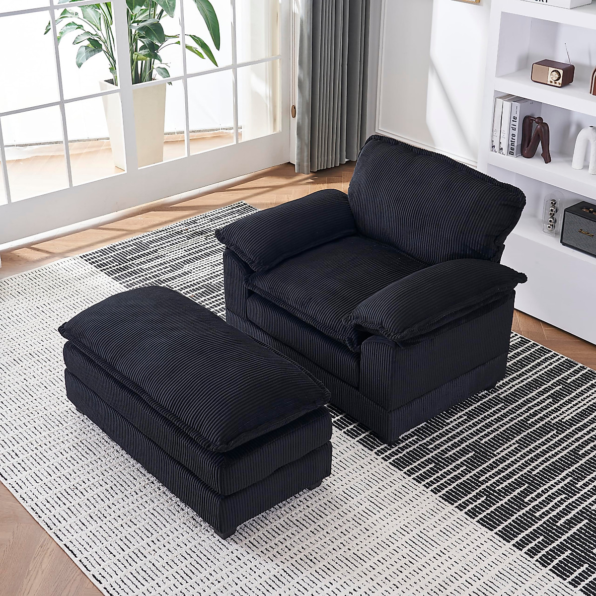 RUNNA 56.3 Inch Corduroy Single Sofa with 2 toss Pillows and a Ottoman,Comfy Sofa- Deep Seat Couch for Living Room (Black~049)