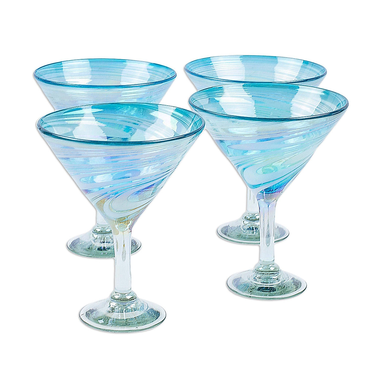 NOVICA Artisan Handblown Martini Turquoise White from Mexico Tableware Drinkware Recycled 'Waves of Glamour'(Set of 4)