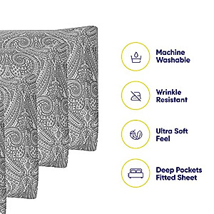 Queen Sheets Paisley Grey - 6 Piece 1500 Supreme Collection Fine Brushed Microfiber Deep Pocket Queen Sheet Set Bedding - 2 Extra Pillow Cases, Great Value, Queen, Paisley Gray