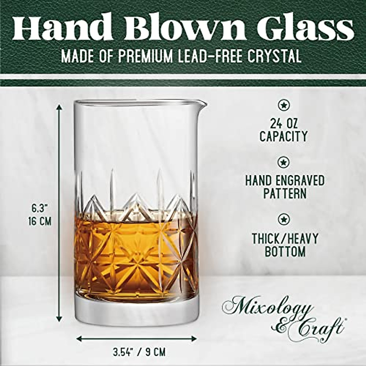Mixology & Craft Crystal Cocktail Mixing Glass - 24oz Martini Stirring Glass with Thick Weighted Bottom, Professional Bartender's Beaker & Mixing Pitcher - Essential Bar Tools
