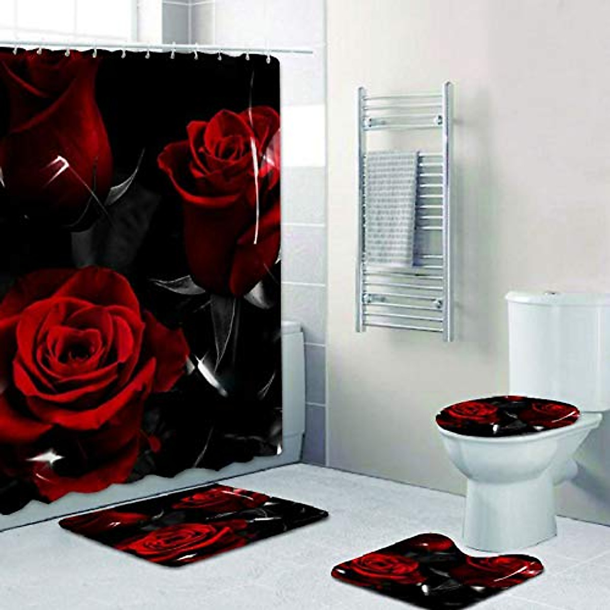 Moresave Valentine's Day Bath Curtain Set 4 Pcs, Waterproof Shower Curtain with 12 Hooks, Non-Slip Pedestal Rugs, Toilet Lid Cover and Bath Mat, Valentines Day Bathroom Decor