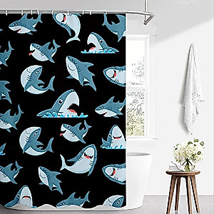 4 pcs Shark Shower Curtain for Bathroom, Black Shower Curtain Set with Rug, Toilet Cover, Bath Mat, Durable, Quick Dry, Washable, 12 Hooks - 72" x 72".