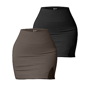 OQQ Women's 2 Piece Basic Casual Versatile Stretchy Ribbed Split High Waist Mini Skirt, Black Tea Leaf, Medium
