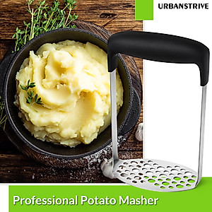 Urbanstrive Smooth Mash Potato Masher Stainless Steel, Durable Mashed Potatoes Masher Kitchen Tool, Easy-to-Clean, Soft Non-slip Handle, Kitchen Utensils, Kitchen Gadgets, Black