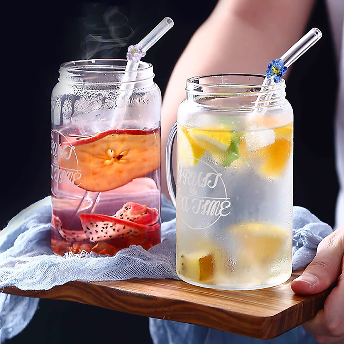 6pcs Glass Straws Shatter Resistant, Colorful Flower Glass Straws with Design,7.9in X 8 mm Bend Glass Reusable Straw with 2 Cleaning Brushes for Smoothies, Milkshakes, Juices, Teas(Transparent)