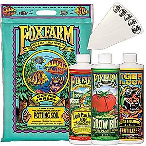 Fox Farm Starter Bundle | Big Bloom, Grow Big, Tiger Bloom (Pack of 3-16 oz. Bottles) | 12 Quart Ocean Forest Garden Potting Soil Bag | The Hydroponic City Stakes