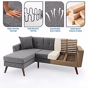 Tbfit 80" W L Shaped Couch with Two Pillows, Mid-Century Modern Couches with Wooden Legs, L Shaped Sofa with Wide Lounge for Small Space, Button Tufted Gray Couch for Living Room and Bedroom, Gray