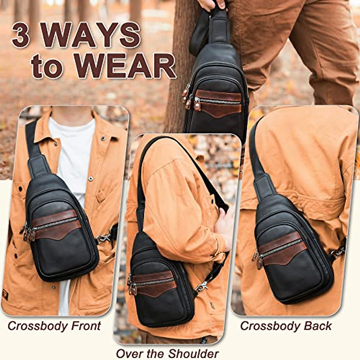 CENUNCO Genuine Leather Sling Bag for Men and Women Crossbody Sling Backpack Concealed Carry Chest Purse Black Casual Daypack Anti-Theft Travel Pouch