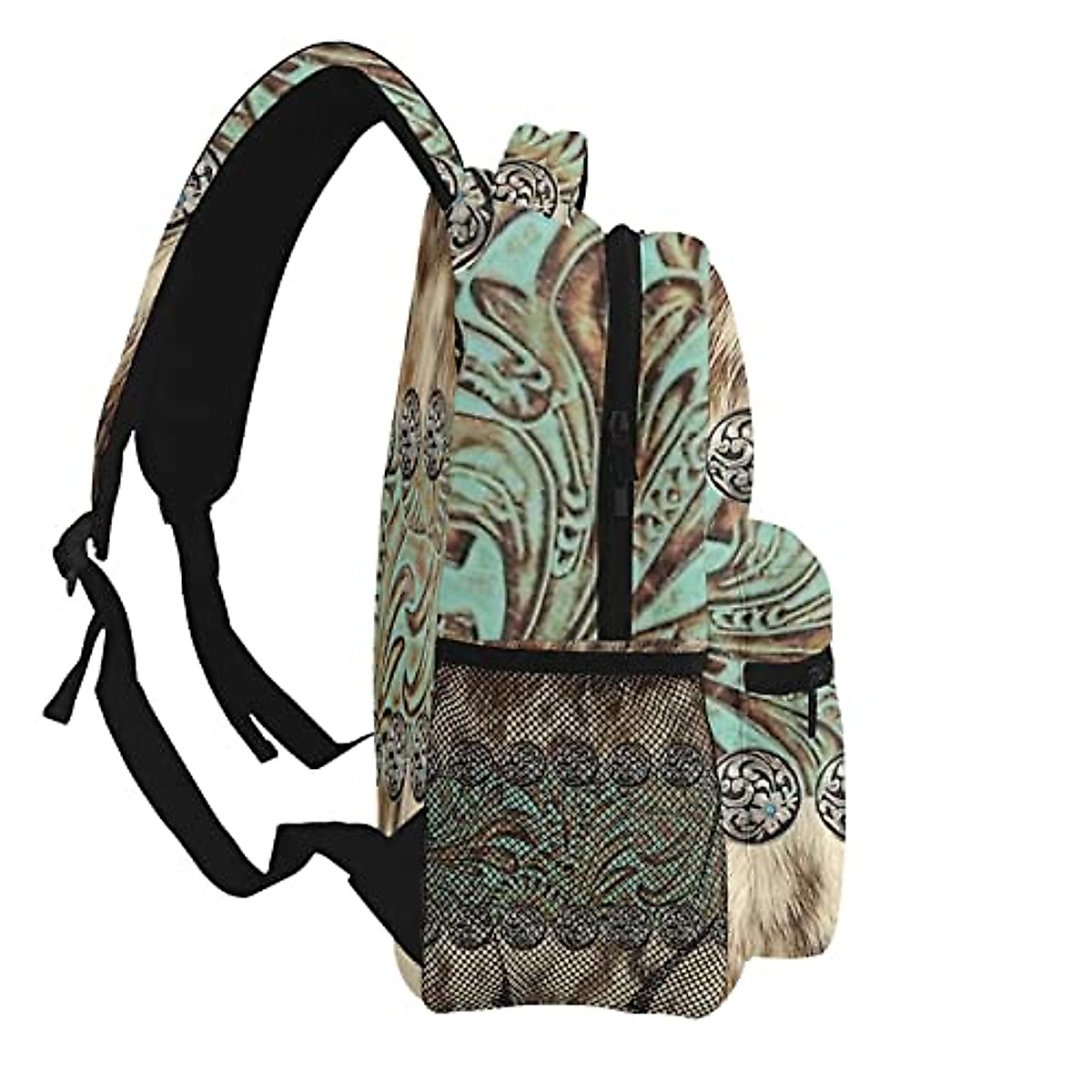 SWEET TANG Rustic Brown Teal Western Country Tooled Leather School Bag Backpack College Bookbag, Laptop Backpacks Computer Bag Travel One Size