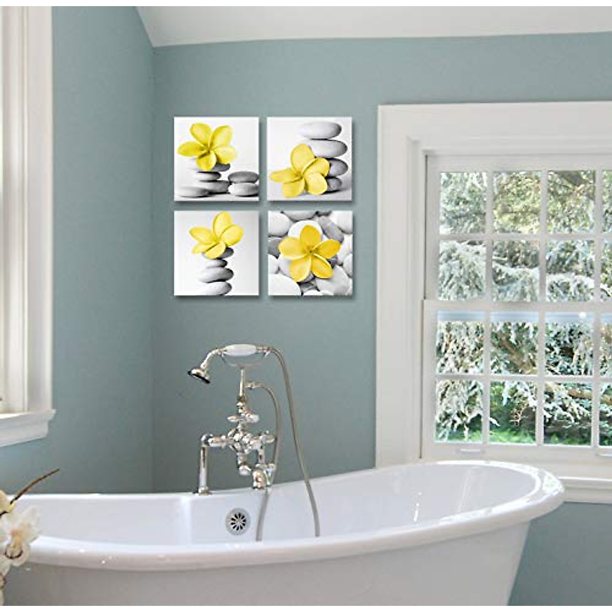 Genius Decor-Modern Bathroom Yellow Gray Wall Art Picture Flowers and Pebble Stone Canvas Print Wall Decor Set 4(Yellow)
