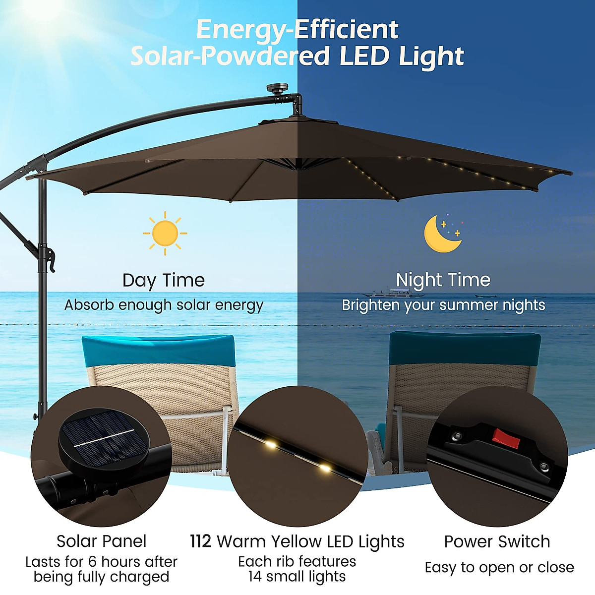 Tangkula 10FT Solar Offset Umbrella, Tilted Cantilever Hanging Umbrella with 112 LED Meteor Shower Lights, Crank Handle, Outdoor Market Umbrella for Poolside, Backyard & Deck (Tan)
