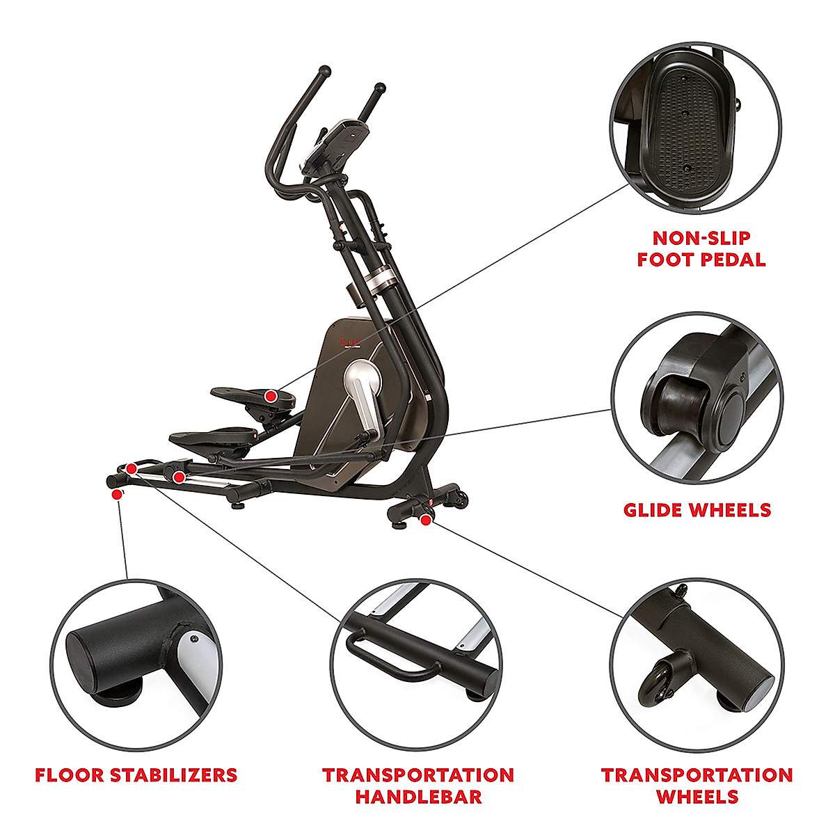 Sunny Health & Fitness Magnetic Elliptical Trainer Machine w/Device Holder, LCD Monitor, 265 LB Max Weight and Pulse Monitoring - Circuit Zone, Black (SF-E3862)