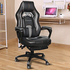 Massage Gaming Chair Racing ,Office Chair Video Game Chair,High Back PU Leather PC Racing Computer Desk Office Swivel Recliner with Retractable Footrest and Adjustable Lumbar Cushion Support (Grey)