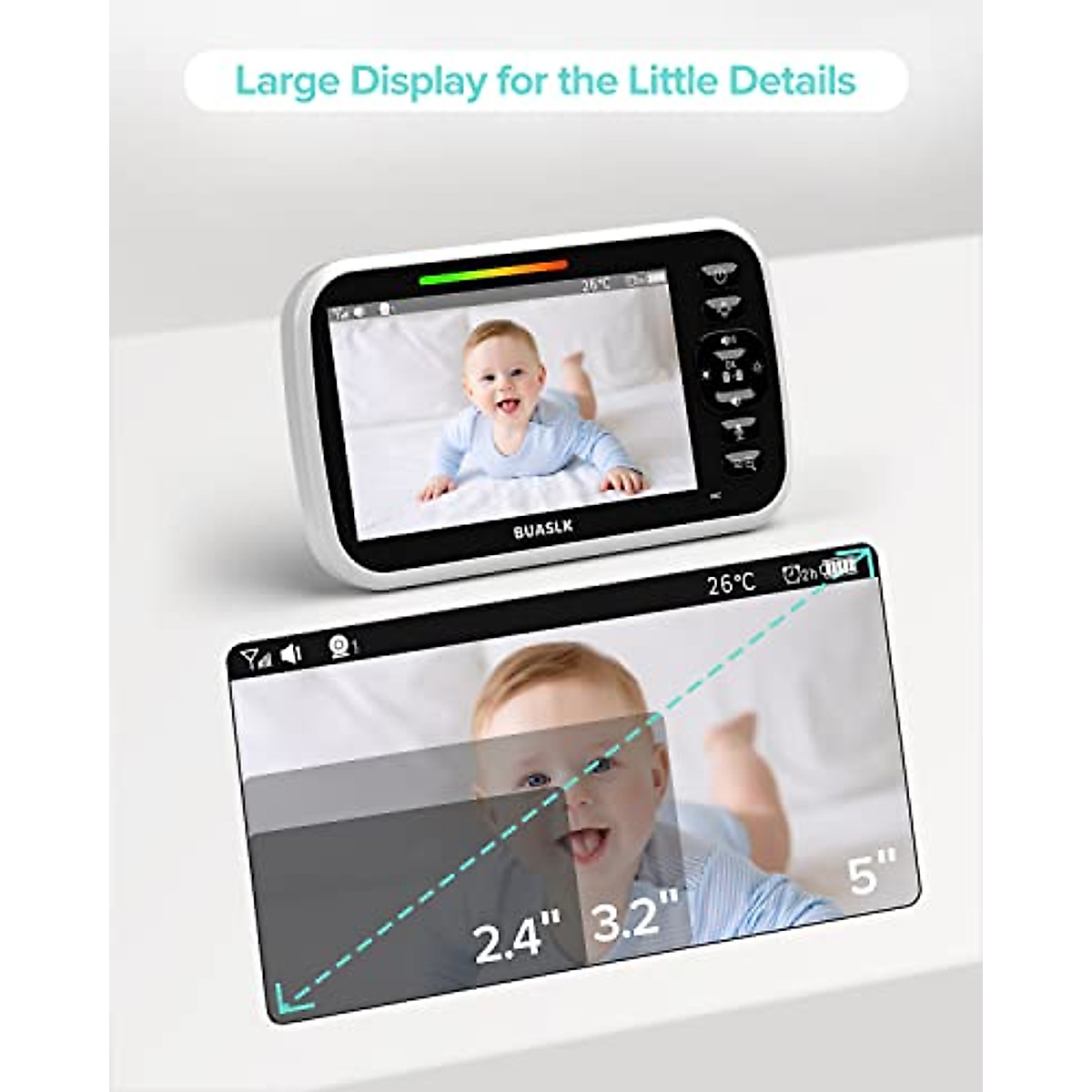 BUASLK Baby Monitor with Camera and Audio, 5" Screen Video Baby Monitor with Temperature Sensor, Two Way Talk and Remote pan-tilt-Zoom Camera, Night Vision and 960ft Range.