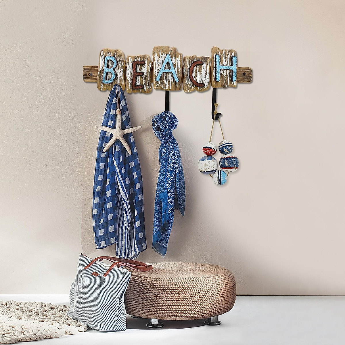 Aecipl Wooden Wall Hooks Nautical Decor Hanging Letters Sign Beach Themed Coat Towel Hook for Bathroom Bedroom Pool Wall Mounted Decorative Key Holder (Beach)