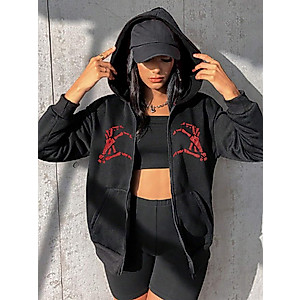 JINTING Skeleton Heart Hand Zip Up Hoodie Sweatshirt Women Vintage Jacket Halloween Oversized Top Jackets Pullover Black