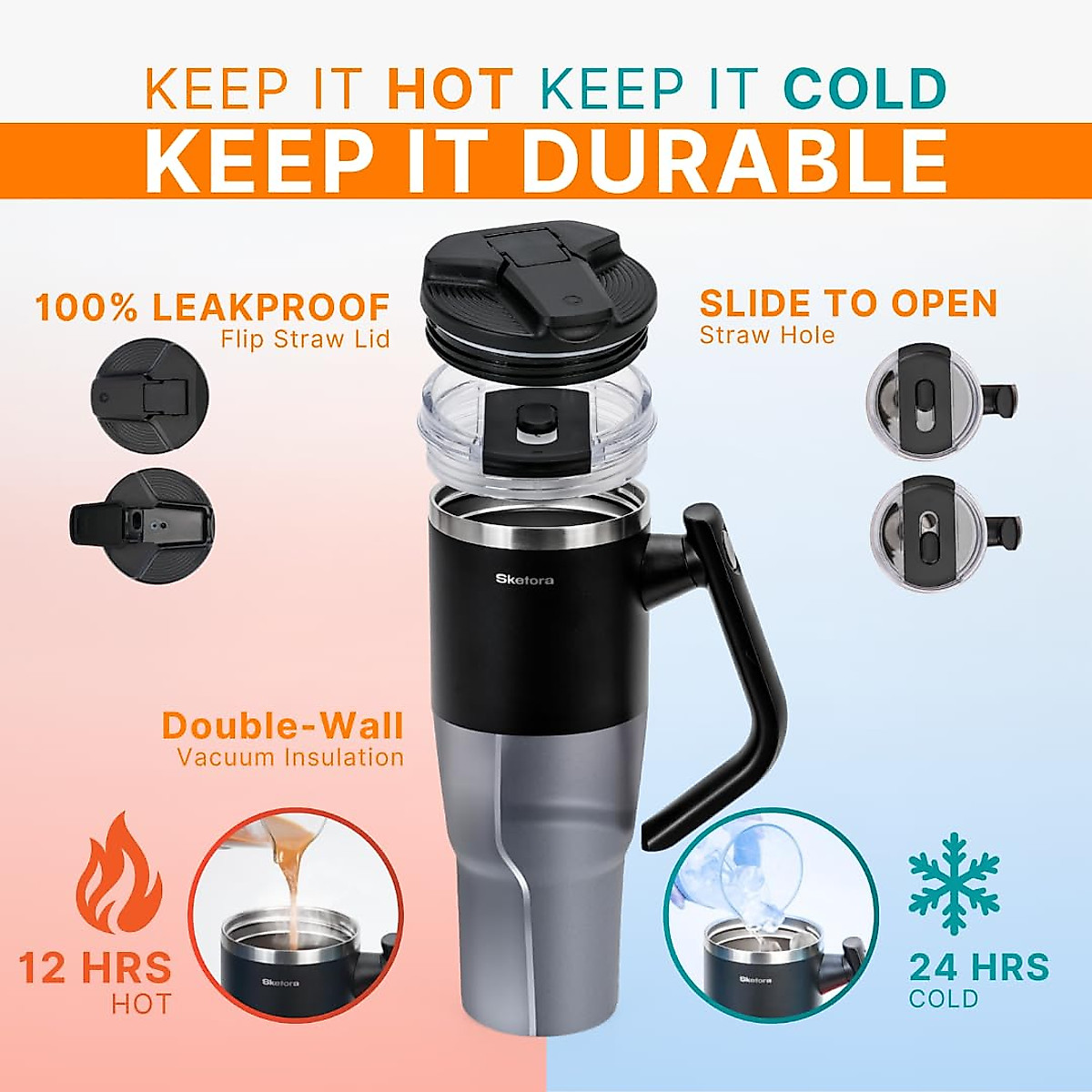 SKETORA 32oz Insulated Tumbler with Rotatable Handle and 2 Lids (Flip Straw, 3-in-1 Sliding Lid) - Stainless Steel Travel Mug for Hot & Cold Drinks, Soft Lavender