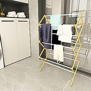 Disracker Folding Clothes Drying Rack Collapsible Bamboo Hanging Clothes Rack Portable Laundry Racks for Drying Clothes with Metal Rod 35 Inch