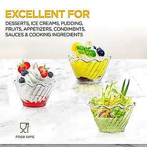 [24 Pack] Plastic Dessert Cups 5 oz - Clear Mini Ice Cream Sundae Tasting Bowls, Individual Swirl Tulip Shape Dish Holder, Salad Appetizer Chocolate Candy Serving in Party Buffet, Commercial Home Use