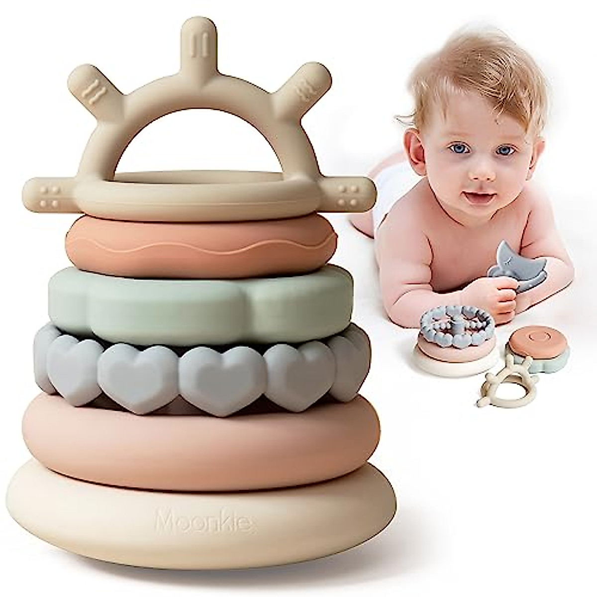 Moonkie Stacks of Circles Soft Teething Toy | Educational Learning Baby Toy | Stacking Ring Toys for Babies | 7 Piece Teethers Set