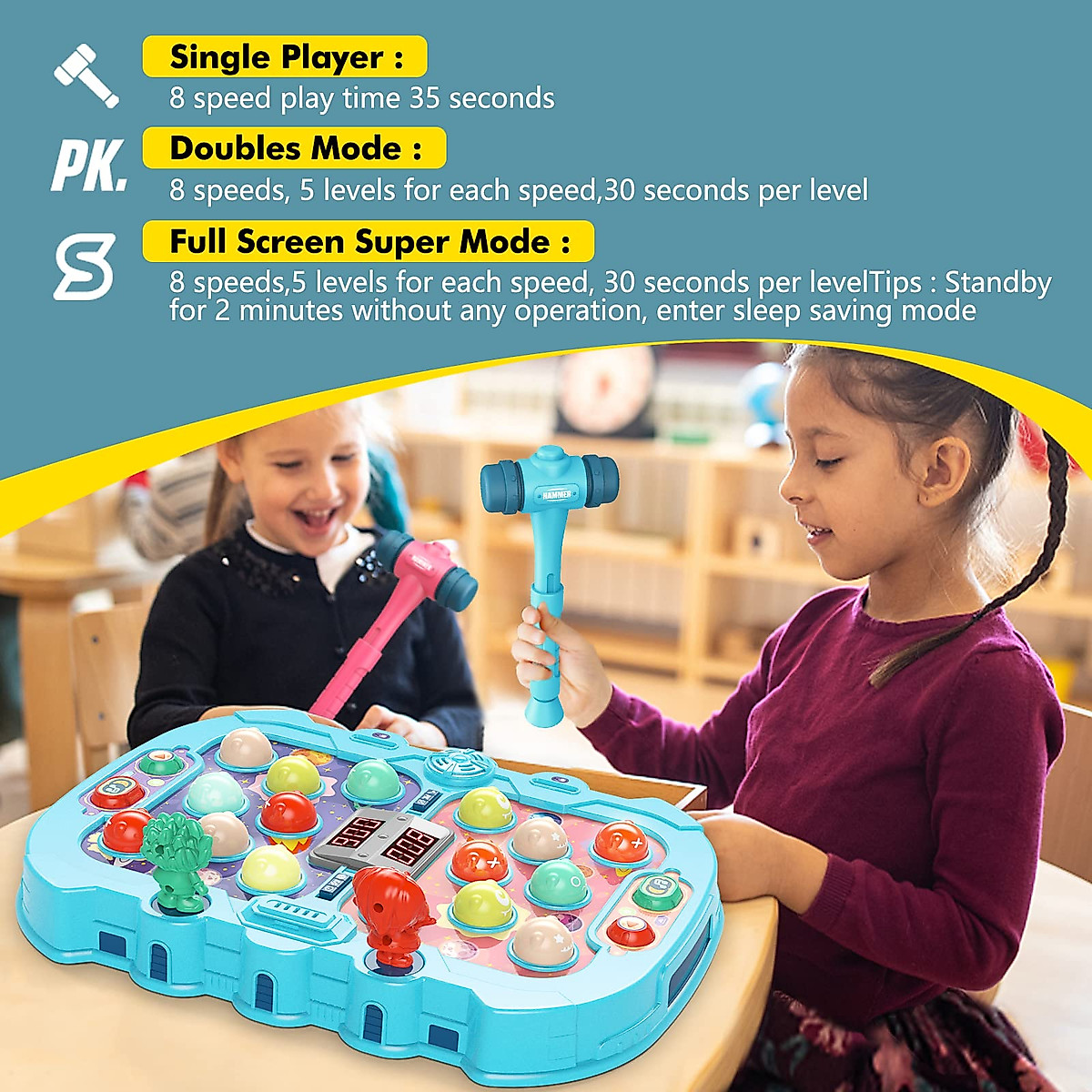 Whack A Mole Game for Toddlers, Pounding and Hammer Toys with Light and Sound, Pounding Toys for 3,4,5,6,7+ Kids, Whack A Mole Game for Kids, PK Mode with 2 Hammers (Blue)