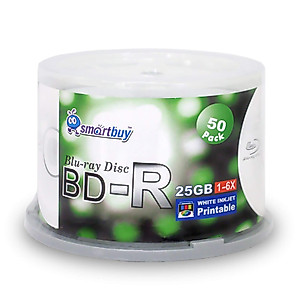 Smartbuy 50-disc 25gb 6X Bd-r BDR Blu-ray Single Layer White Inkjet Hub Printable Blank Data Recordable Media Disc with Cakebox/Spindle Packing