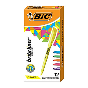 BIC Brite Liner Highlighters, Chisel Tip, 12-Count Pack of Highlighters Assorted Colors, Ideal Highlighter Set for Organizing and Coloring