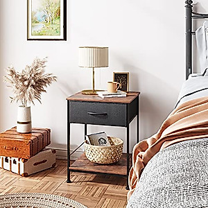 WLIVE Nightstand, End Table with Fabric Storage Drawer and Open Wood Shelf, Bedside Furniture with Steel Frame, Side Table for Bedroom, Dorm, Easy Assembly, Black and Rustic Brown