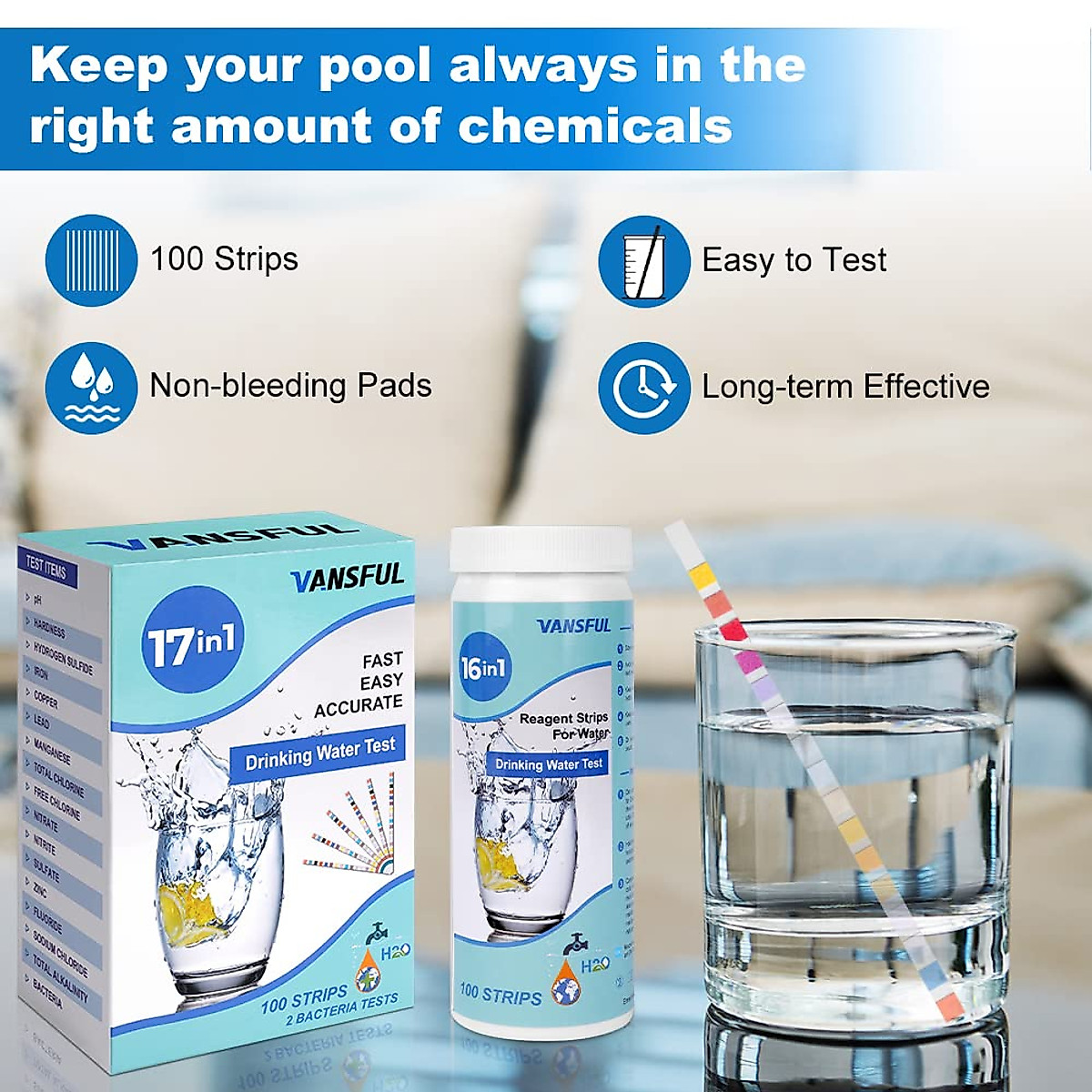 17 in 1 Drinking Water Test Strips, 100 PCS Hot Tub Test Strips, Test Total Chlorine, Bromine, Free Chlorine, PH, Iron, Fluoride, Copper, Mercury, and More