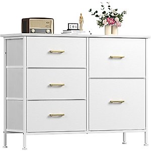 YILQQPER Dresser for Bedroom with 5 Drawers, Dresser TV Stand for 45" TV, Wide Bedroom Dresser Storage Organizers, Fabric Chest of Drawers, Dresser for Living Room, Closet, White