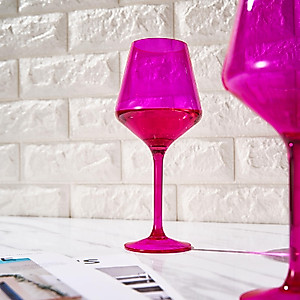Unbreakable Hot Pink Wine Glasses | Set of 2 | Tritan Drinkware, Unbreakable Colored Magenta & Blush Pink Classic, Large Barware Glasses Shatterproof BPA-free plastic Red & White 15oz