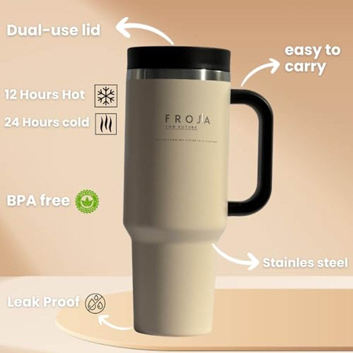 FROJA 40-oz Vacuum-insulated Stainless Steel Tumbler with Lid, Straw, 12 Hours Hot/24 Hours Cold, BPA-Free, Leak-Proof, Large Capacity