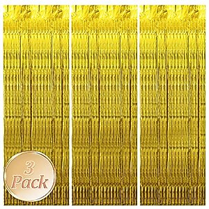 Liatinbo 3.3x8.2 Feet Gold Backdrop Curtain for Party Decor,Tinsel Streamer Backdrop Curtains,Foil Fringe Backdrop for Birthday,Graduation Decorations,Parties, Photo Booth Backdrops (3 Pcs, Gold)