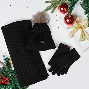 Winter Beanie Hat Scarf Gloves Set for Women, Womens Beanie Hat with Detachable Pom Pom Scarf Neck Warmer Touchscreen Gloves 3 in 1 Set（Black）