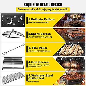 VEVOR BBQ Grill Fire Bowl, 24"x24" Wood Burning Pit, Solid Steel Wood Fire Pits, Wood Fire Pits Outdoor w/Spark Screen Cover, Fire Pits for Outside w/Stainless Steel Baking Net for Baking & Warming